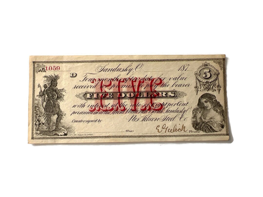 1870's Silicon Steel Five Dollar Interest Bearing Note Sandusky Ohio - Etsy