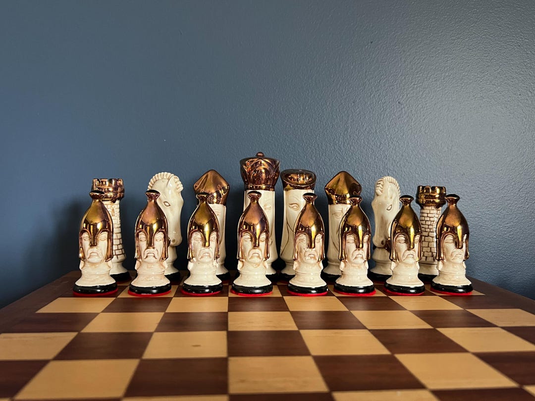 Vintage Duncan Chess Set Gothic Medieval With Wood Board as is Chips ...