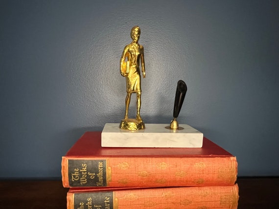 Vintage Office Worker Trophy Award Pen Holder on Marble Block - Etsy