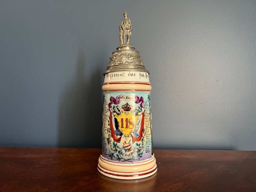 Antique Regimental Stein German Porcelain & Pewter Imperial Germany Pre ...