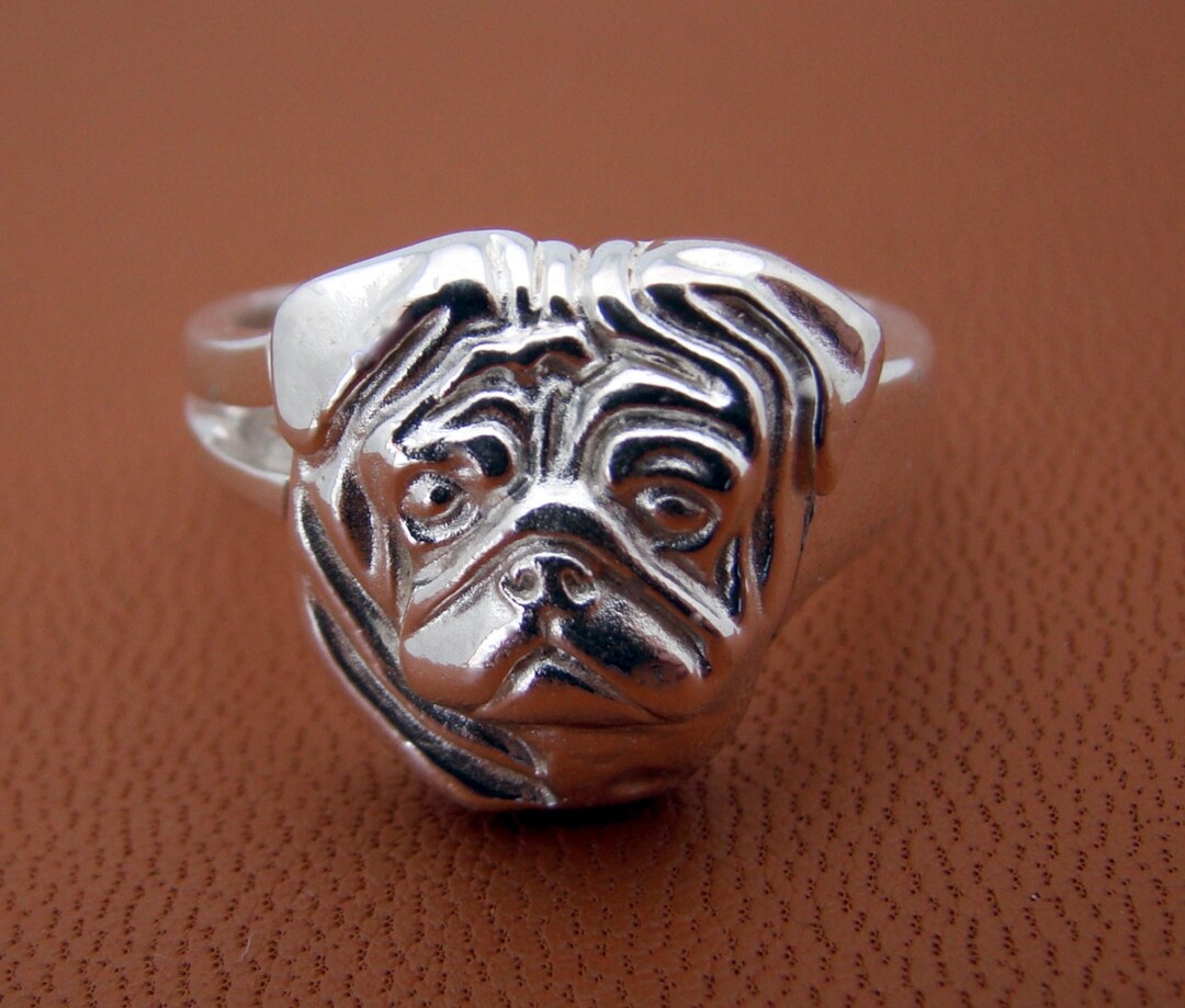 Small Sterling Silver Pug Head Study Ring - Etsy
