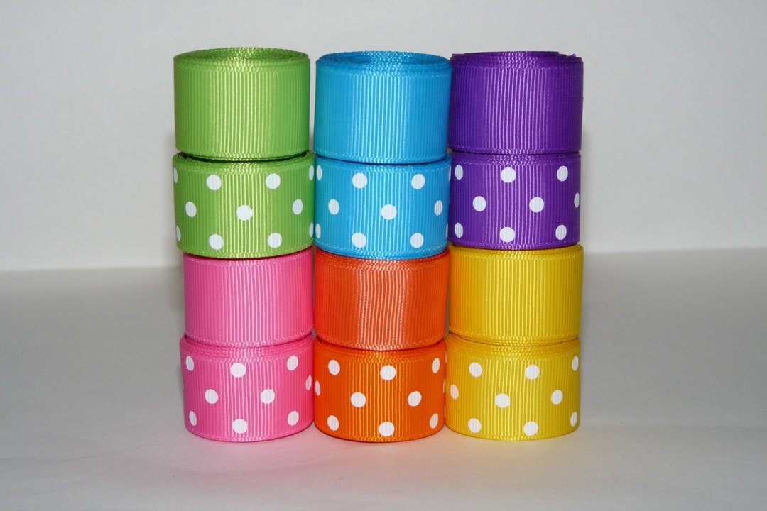 7/8" (22mm) Polka Dot and Solid Rainbow Bright Grosgrain Ribbon Lot ...