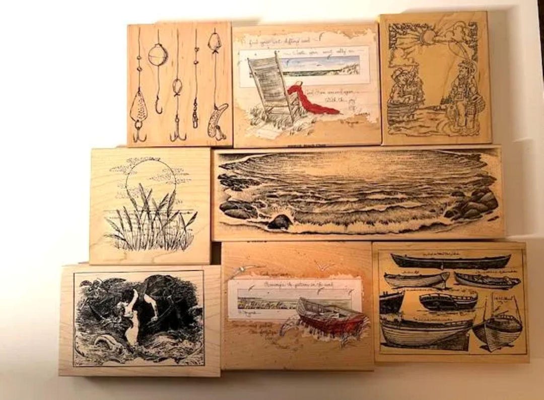 Vintage Wooden Rubber Stamps! BEACH, SEASHORE, Fish, Boats, Shells, and ...