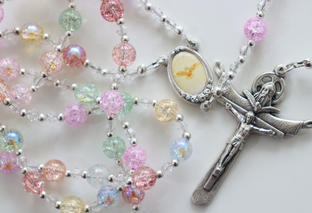 First Holy Communion Rosary, Rainbow Crackle Glass Beads, Holy Spirit ...