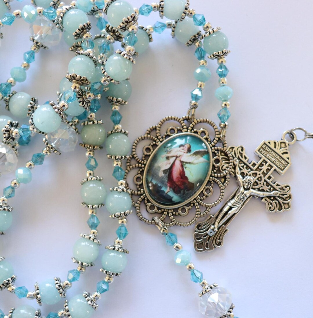 Guardian Angel Catholic Rosary, Light Turquoise Jade Gemstone Beads 8mm ...