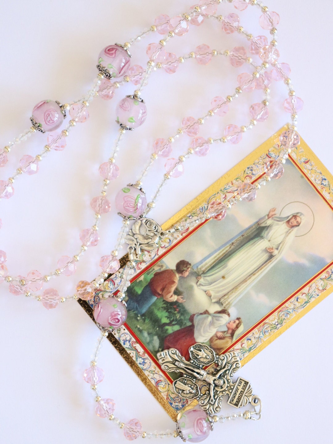 Our Lady of Fatima Catholic Rosary, Pink Glass Crystal Beads, Rose ...