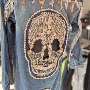 Lace Skull With Gold Details on a Med Blue Denim Coat. Embellished ...