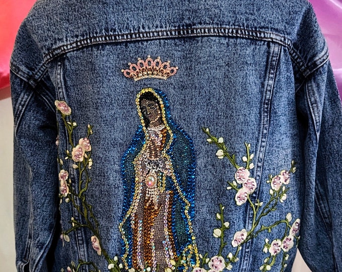 Colorful Roses on Tull on a Med Blue Denim Jacket. Embellished Denim ...
