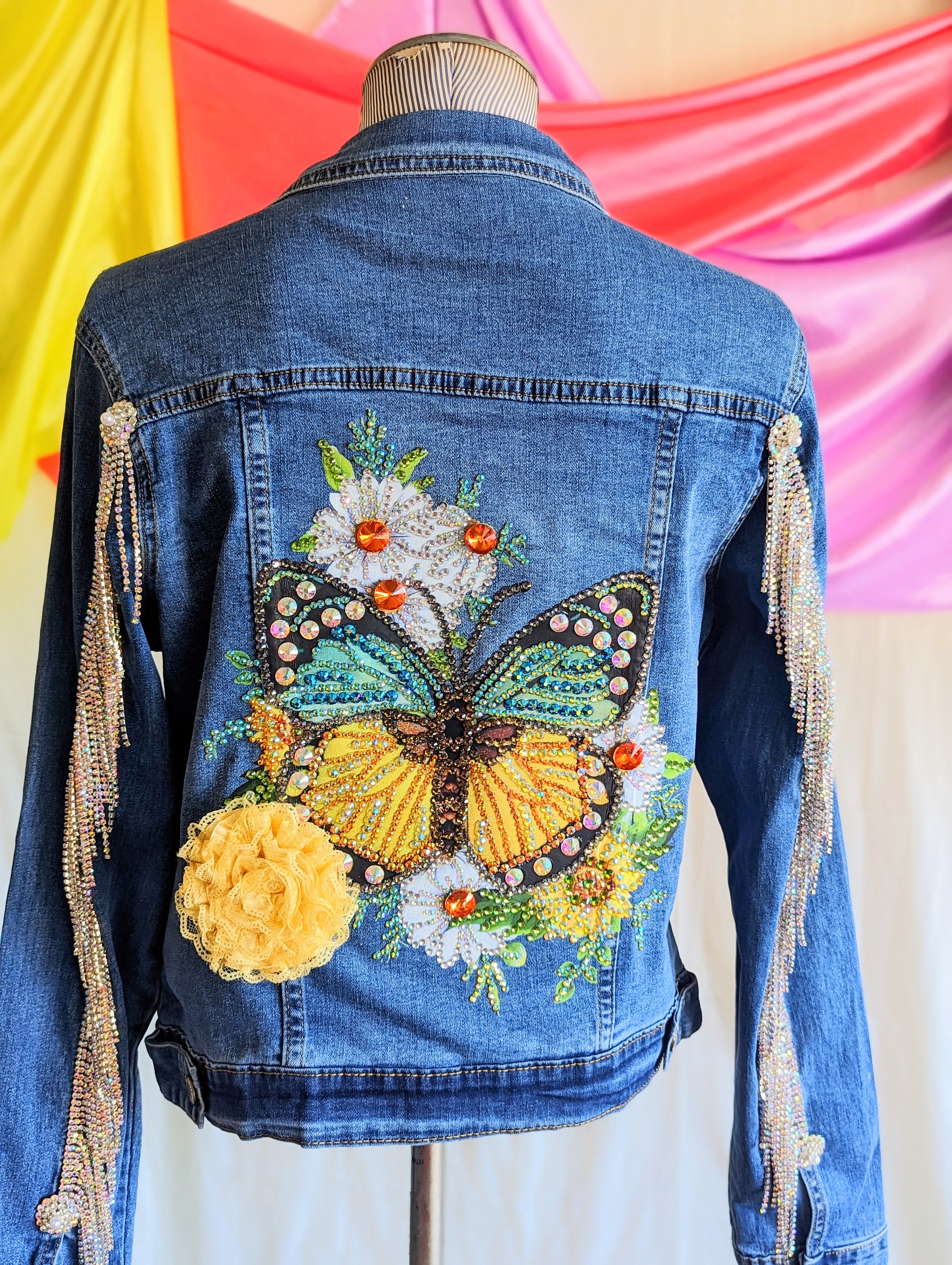 Yellow and Blue Butterfly With Daisies on a Light Blue Denim Jacket ...