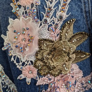 Pink and Gold Florwes on a Dark Blue Denim Jacket. Size S - Etsy