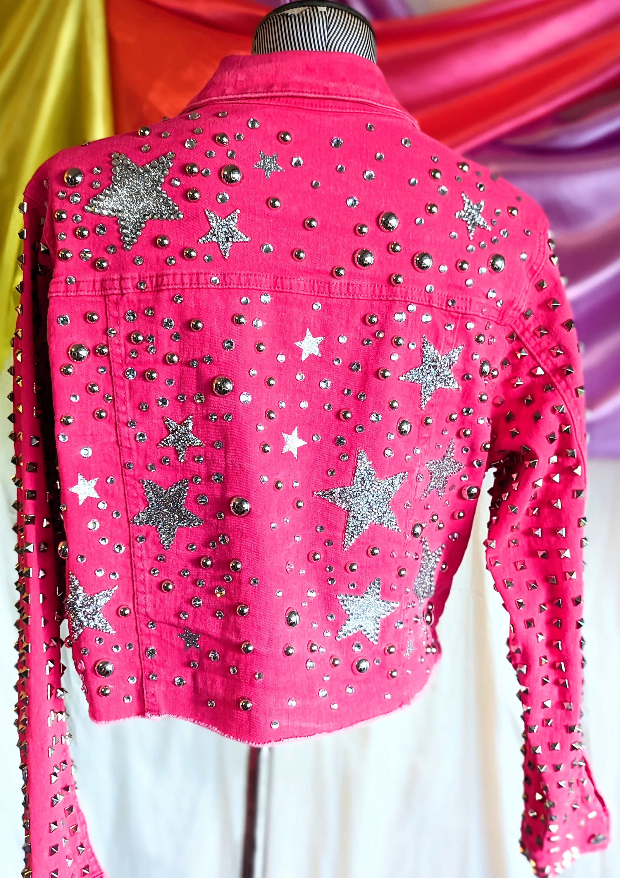 Silver Stars on a Neon Pink Denim Jacket. Embellished Denim - Etsy