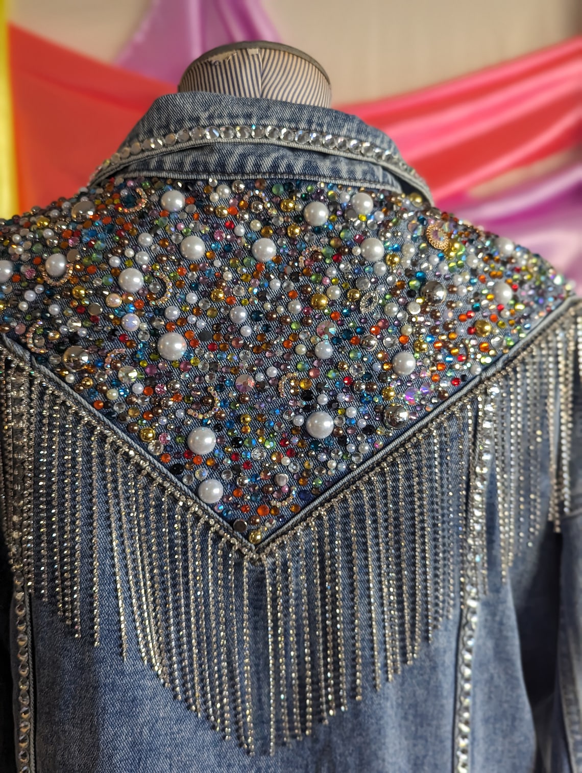 Colorful Sparkly on a Med Blue Denim Jacket. Embellished Denim Jacket ...