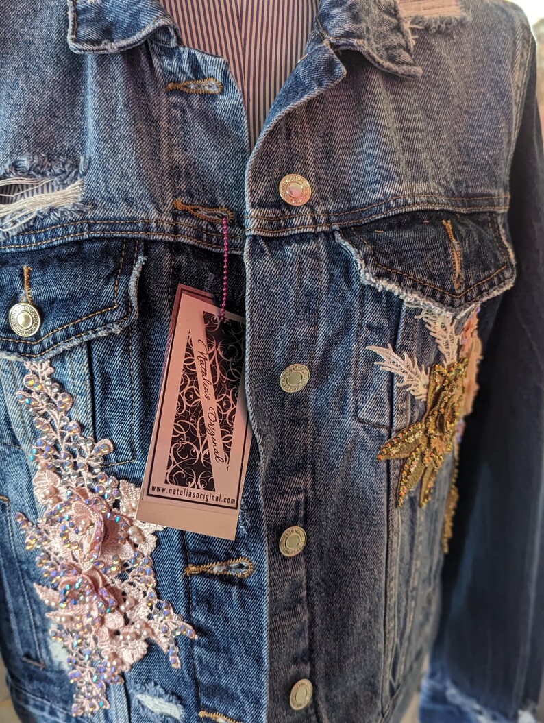 Pink and Gold Florwes on a Dark Blue Denim Jacket. Size S - Etsy