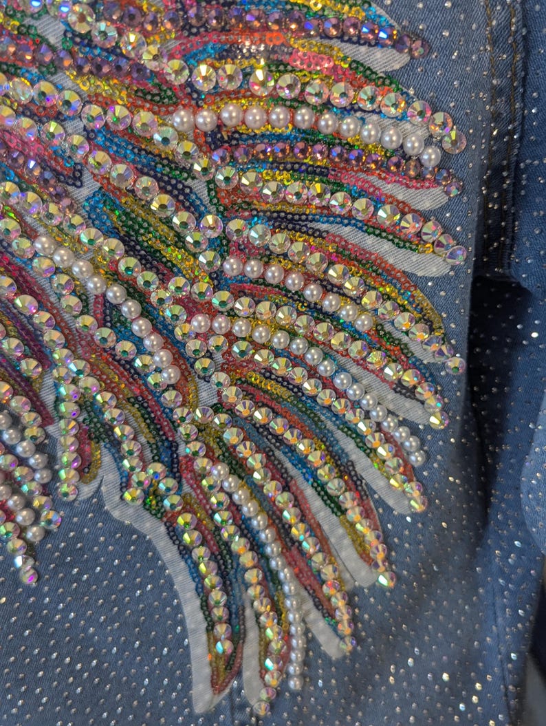 Wounderful Shiny White Angel Wings on a Sparkly Med Blue Denim Jacket ...