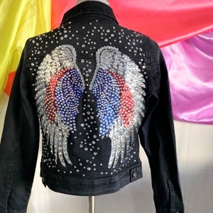 Silver, Red and Blue Angel Wings on a Black Denim Jacket, Embellished ...