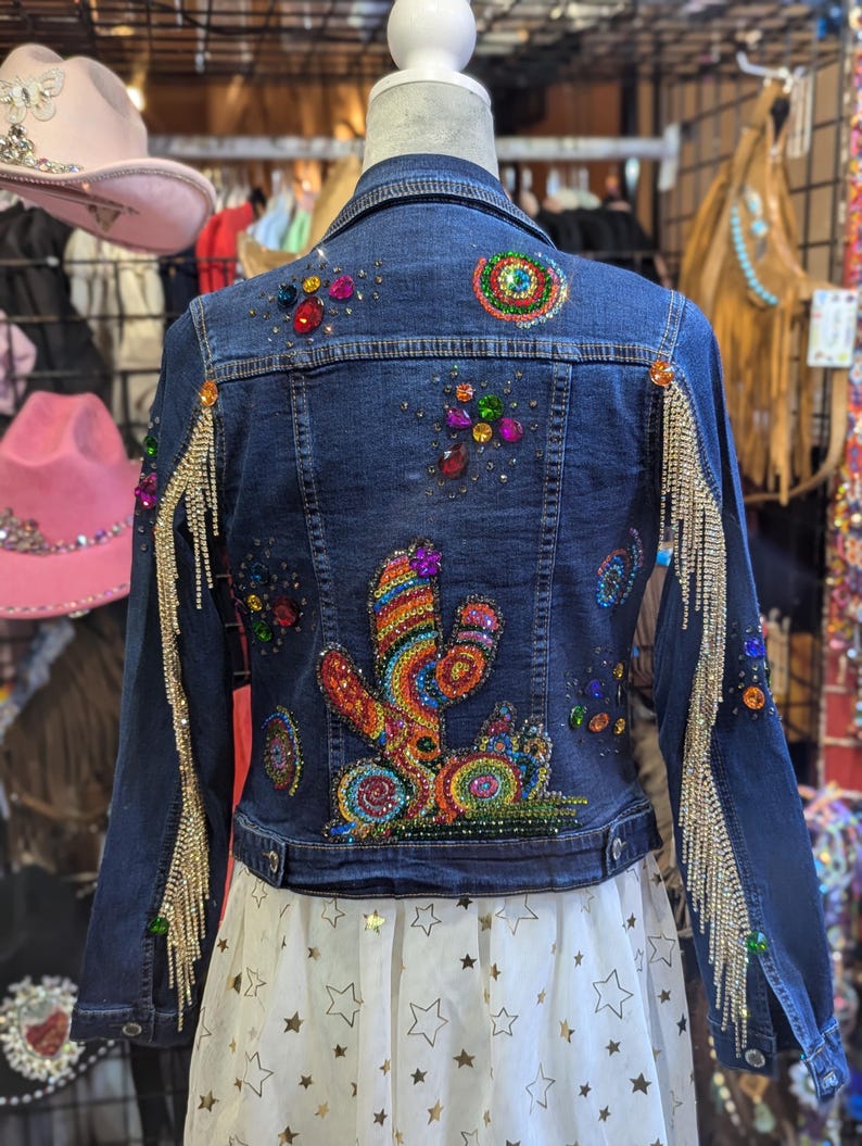 Groovy Colorful Cactus on a Dark Blue Denim Jacket. Embellished Denim ...