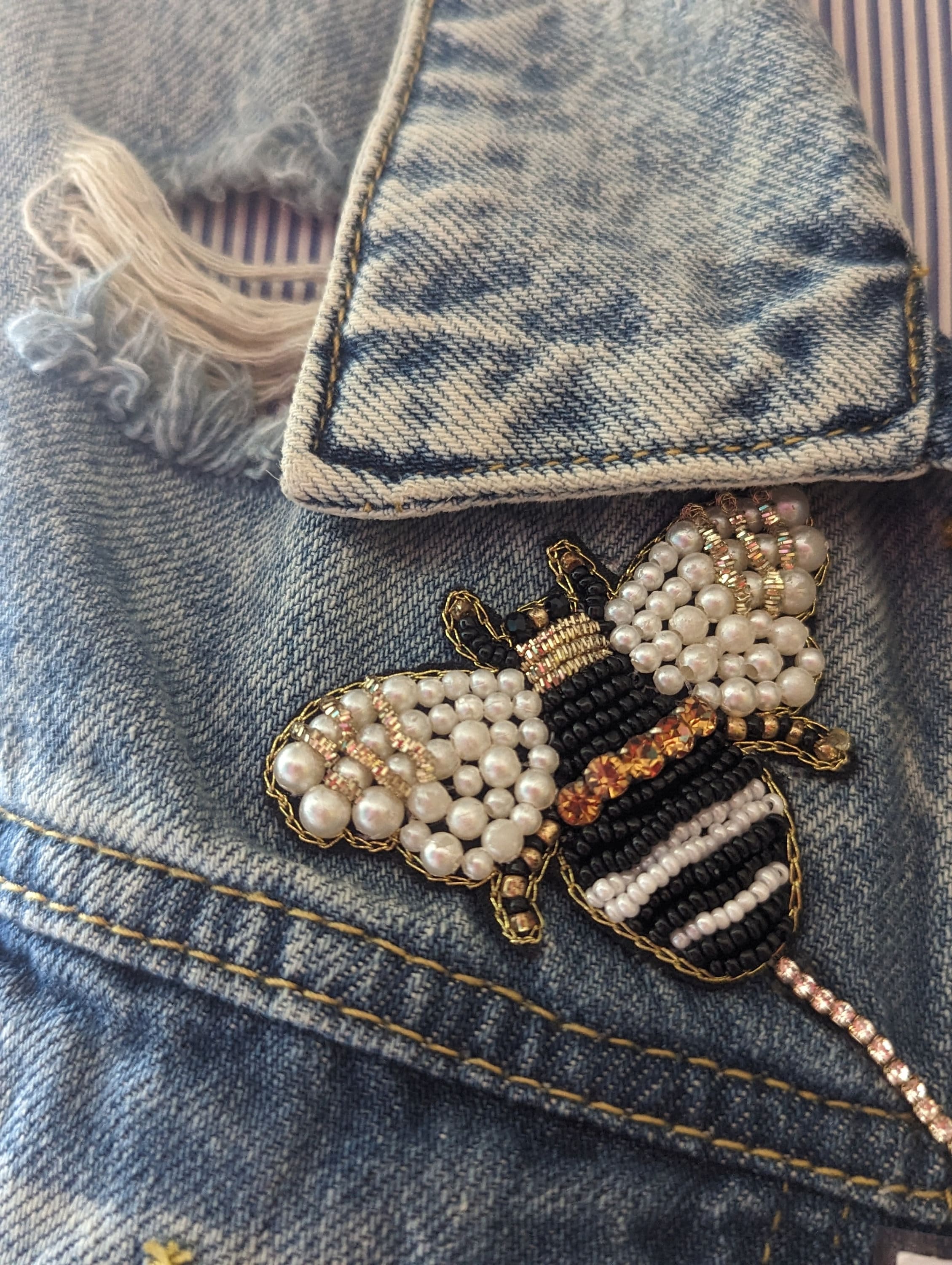 Bees on a Light Blue Oversize Denim Jacket. Embellished Denim Jacket ...