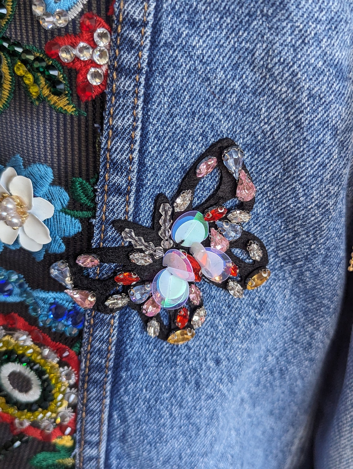 Colorful Flowers on Tull on a Med Blue Denim Jacket. Embellished Denim ...