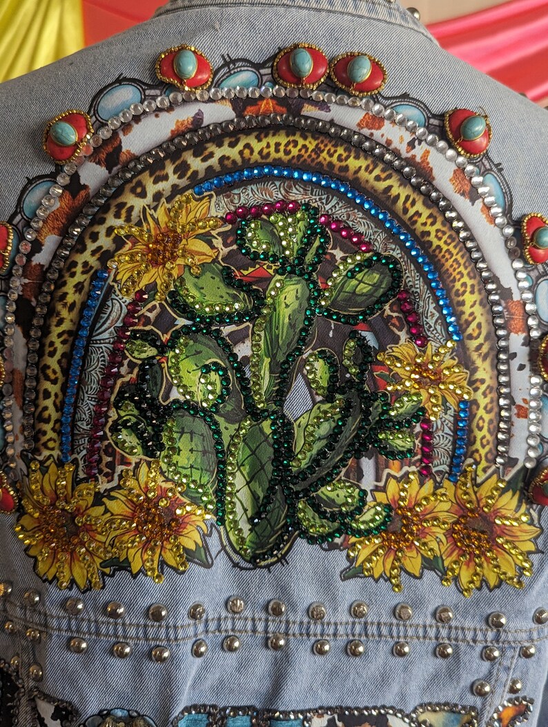 Cactus on an Arc on Light Blue Denim Jacket. Embellished Denim Jacket ...