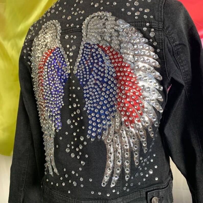 Silver, Red and Blue Angel Wings on a Black Denim Jacket, Embellished ...