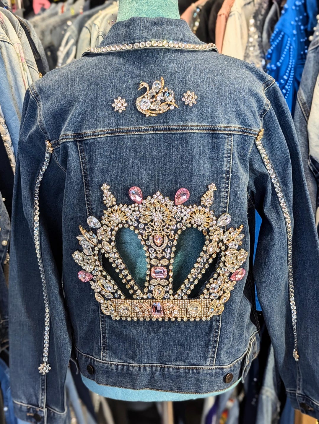 Swan Crown With Pink Details on a Med Blue Denim Jacket. Embellished ...
