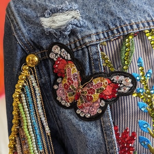 Colorful Roses on Tull on a Med Blue Denim Jacket. Embellished Denim ...