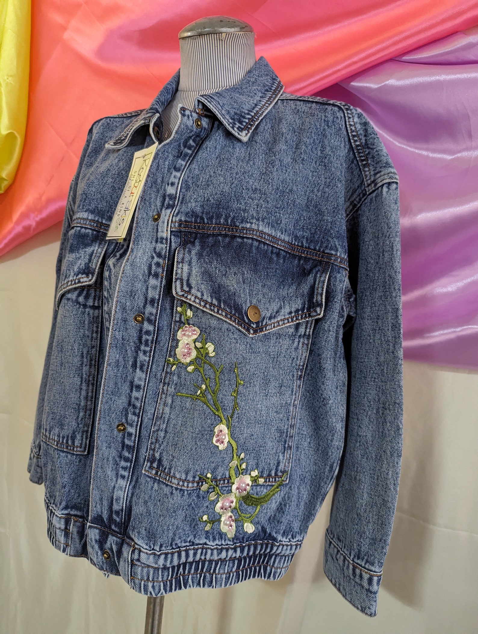 Virgin of Guadalupe With Little Pink Roses on a Med Blue Denim Jacket ...