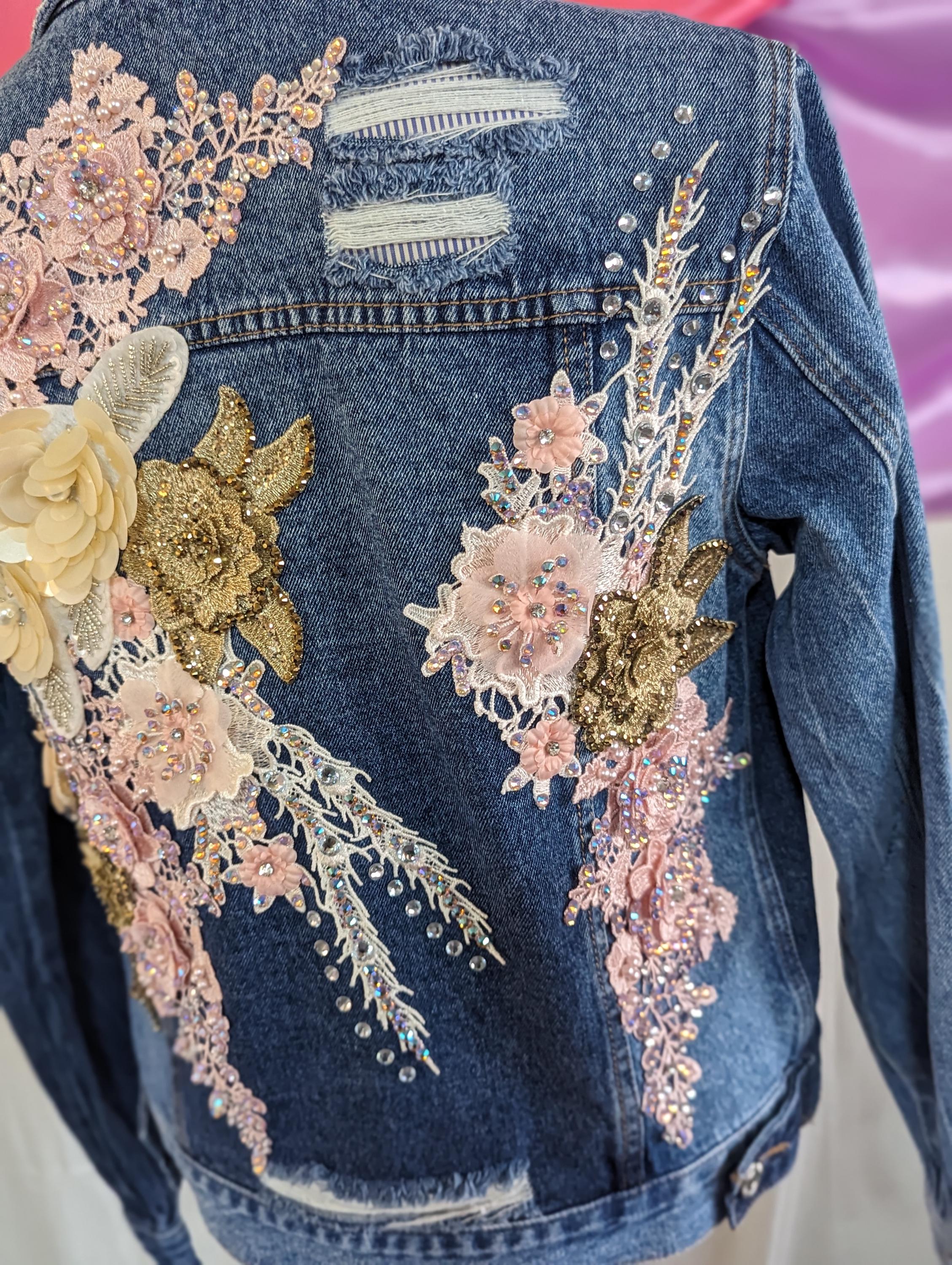 Pink and Gold Florwes on a Dark Blue Denim Jacket. Size S - Etsy