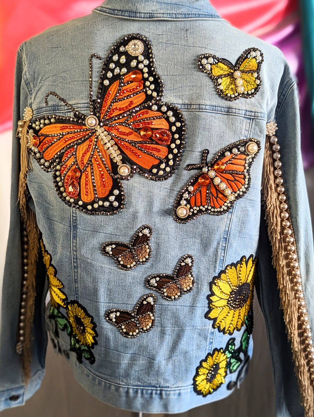 Butterfly Garden on Liight Blue Denim Jacket. Embellished Denim Jacket ...