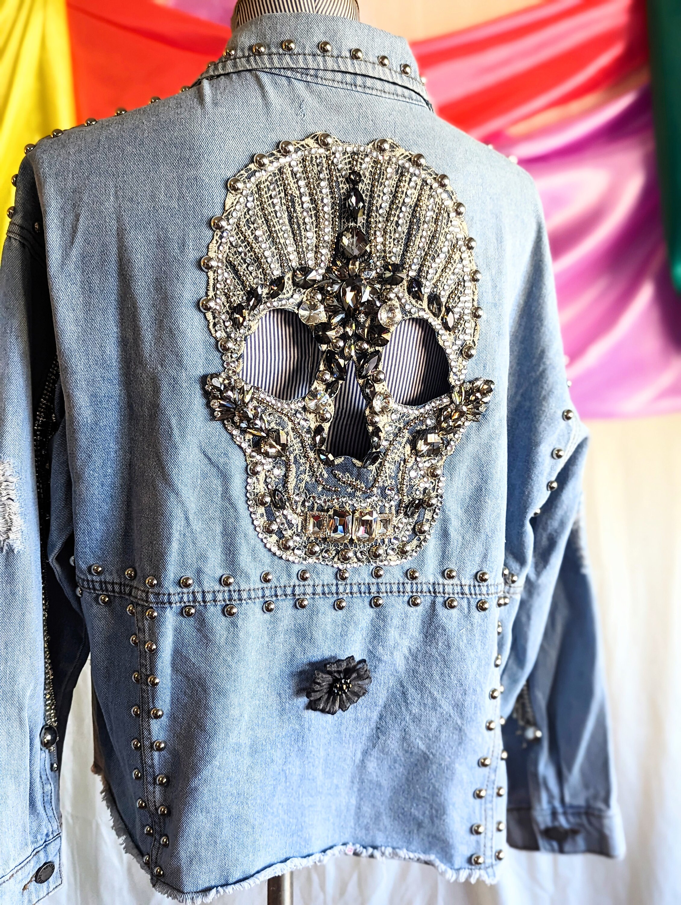 Lace Skull in Silver on a Med Blue Denim Jacket. Embellished Denim ...
