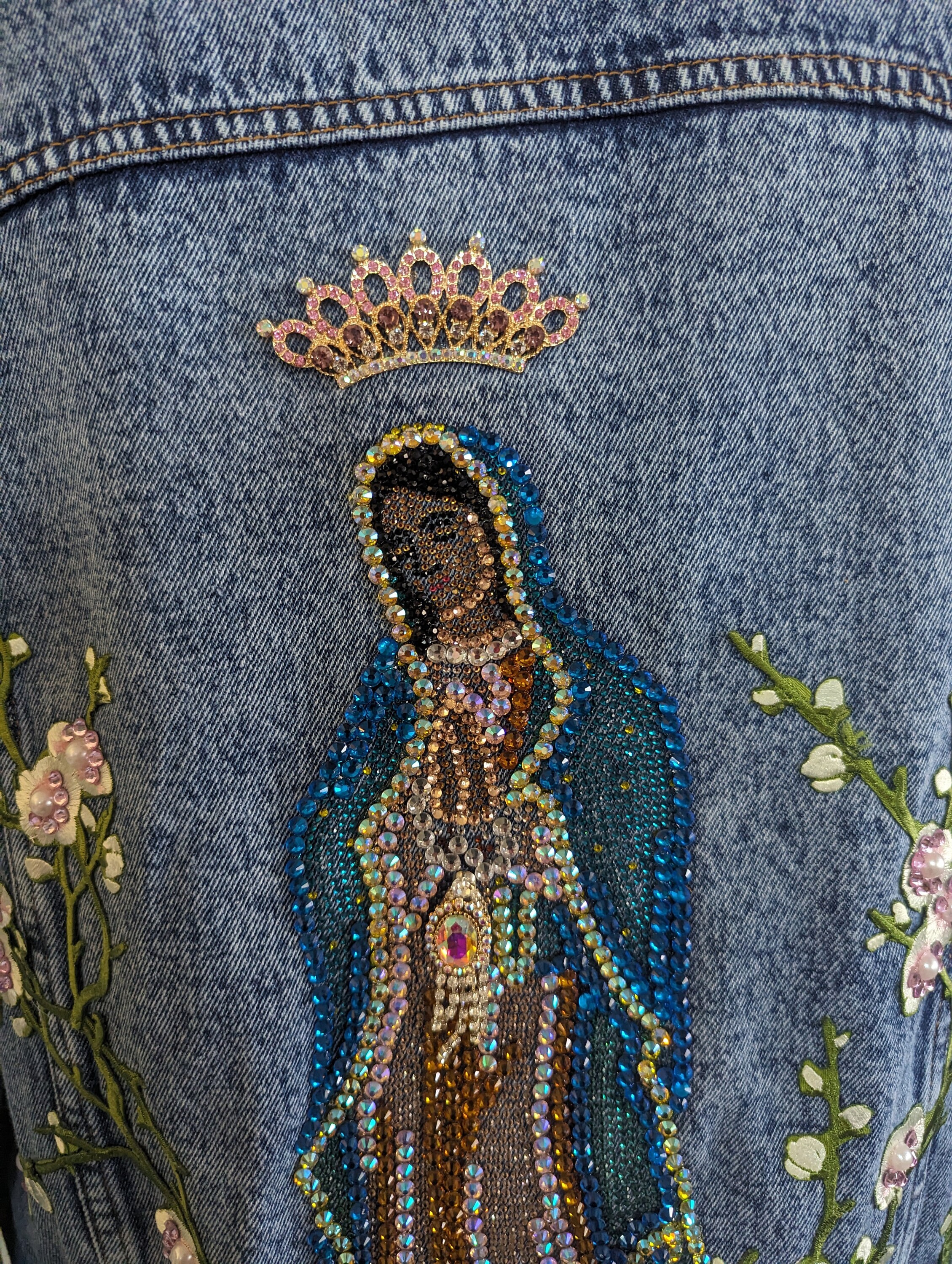 Virgin of Guadalupe With Little Pink Roses on a Med Blue Denim Jacket ...