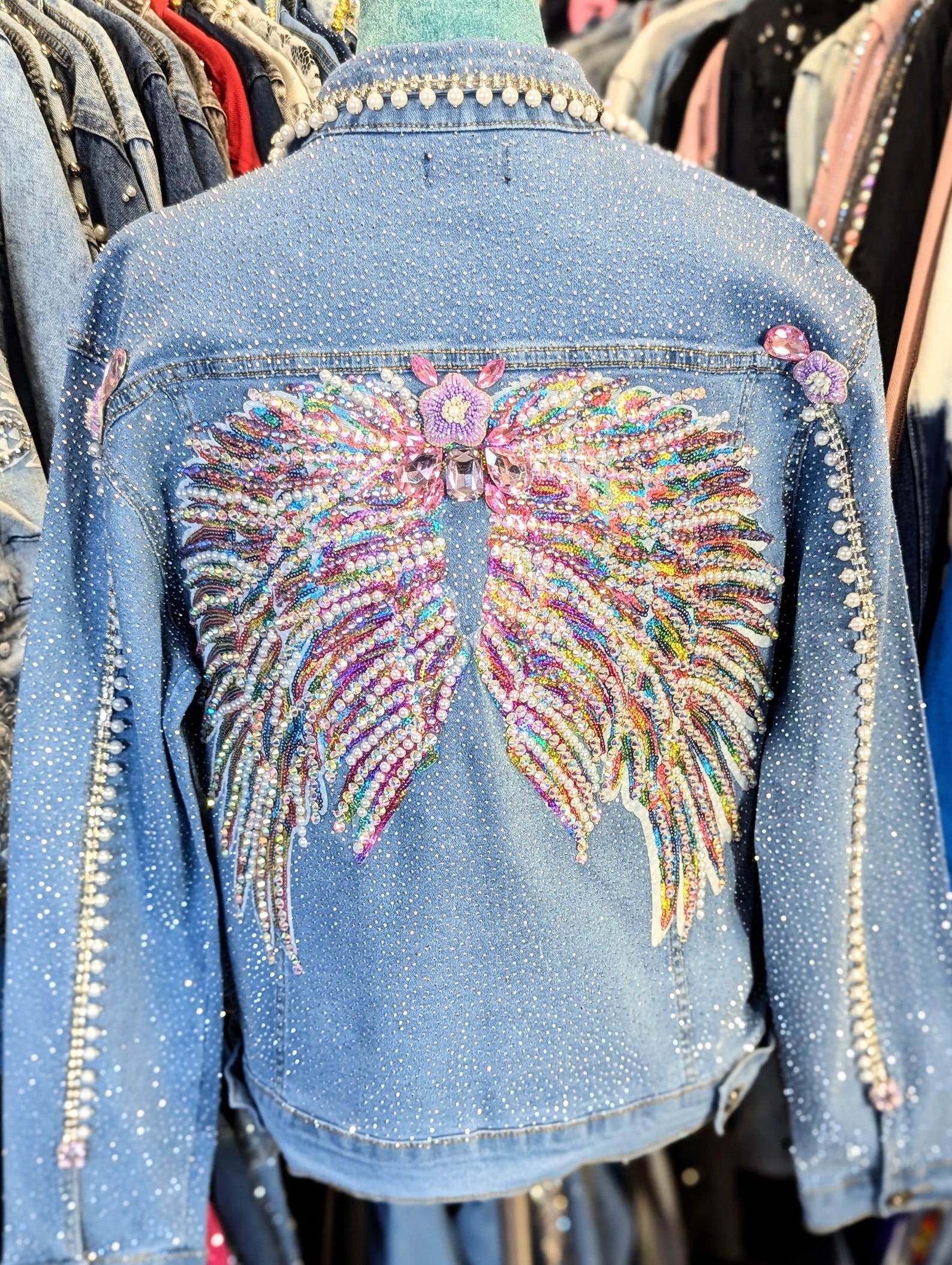Wounderful Shiny White Angel Wings on a Sparkly Med Blue Denim Jacket ...