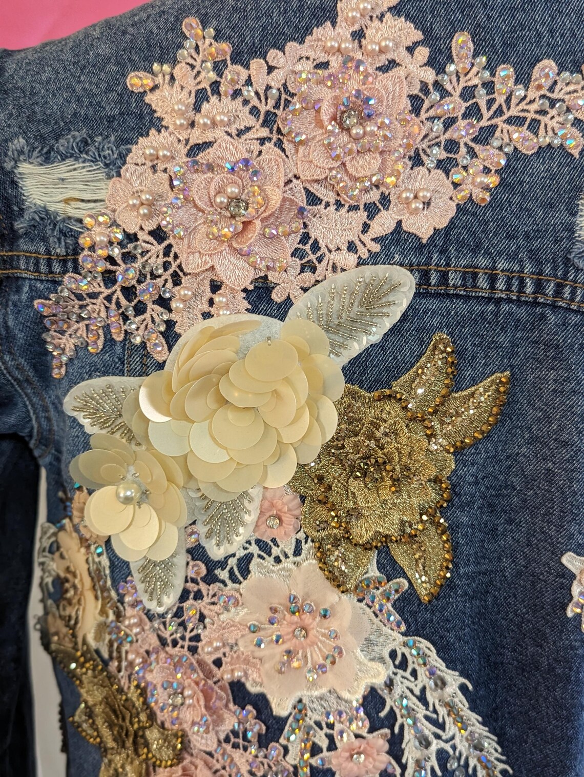 Pink and Gold Florwes on a Dark Blue Denim Jacket. Size S - Etsy
