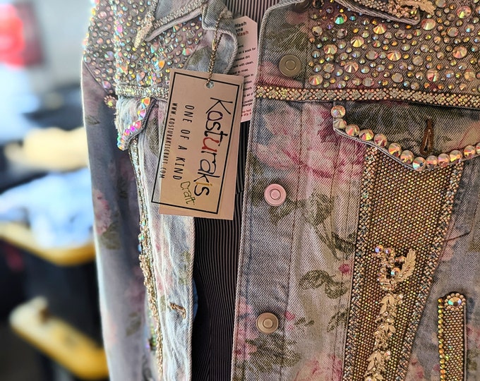 Shiny on Roses Printed Denim Jacket. Embellished Denim Jacket ...