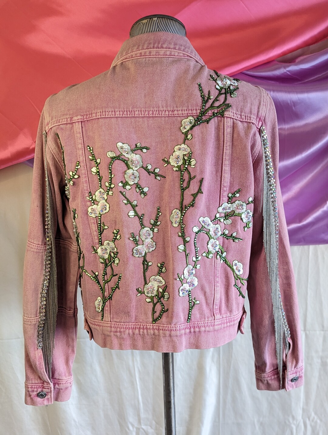 White Flowers on Pink Jacket With Silver Fringe. Embellished - Etsy