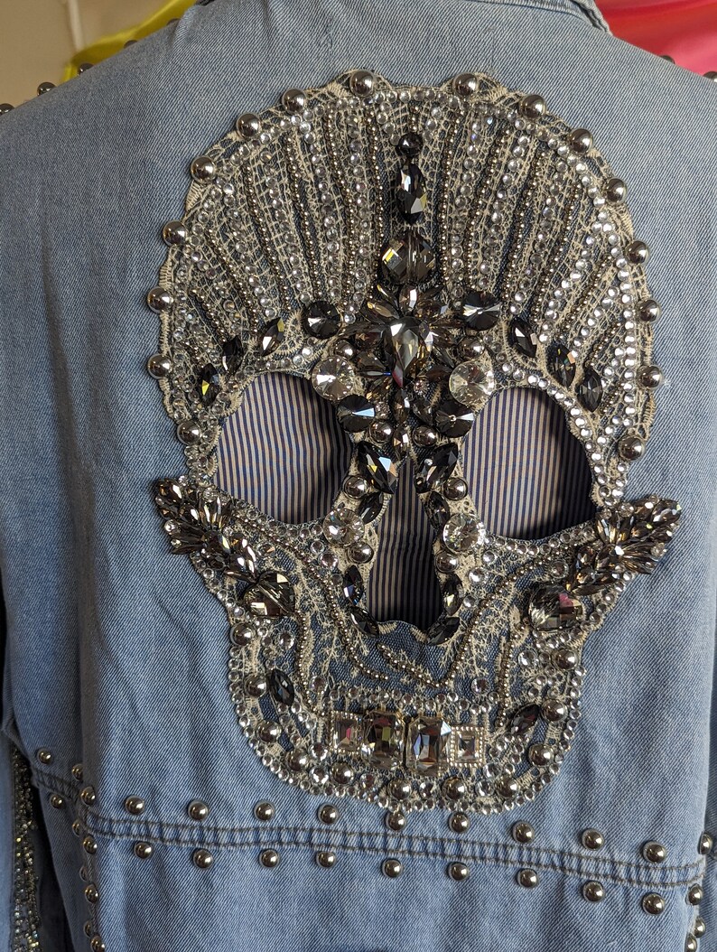 Lace Skull in Silver on a Med Blue Denim Jacket. Embellished Denim ...