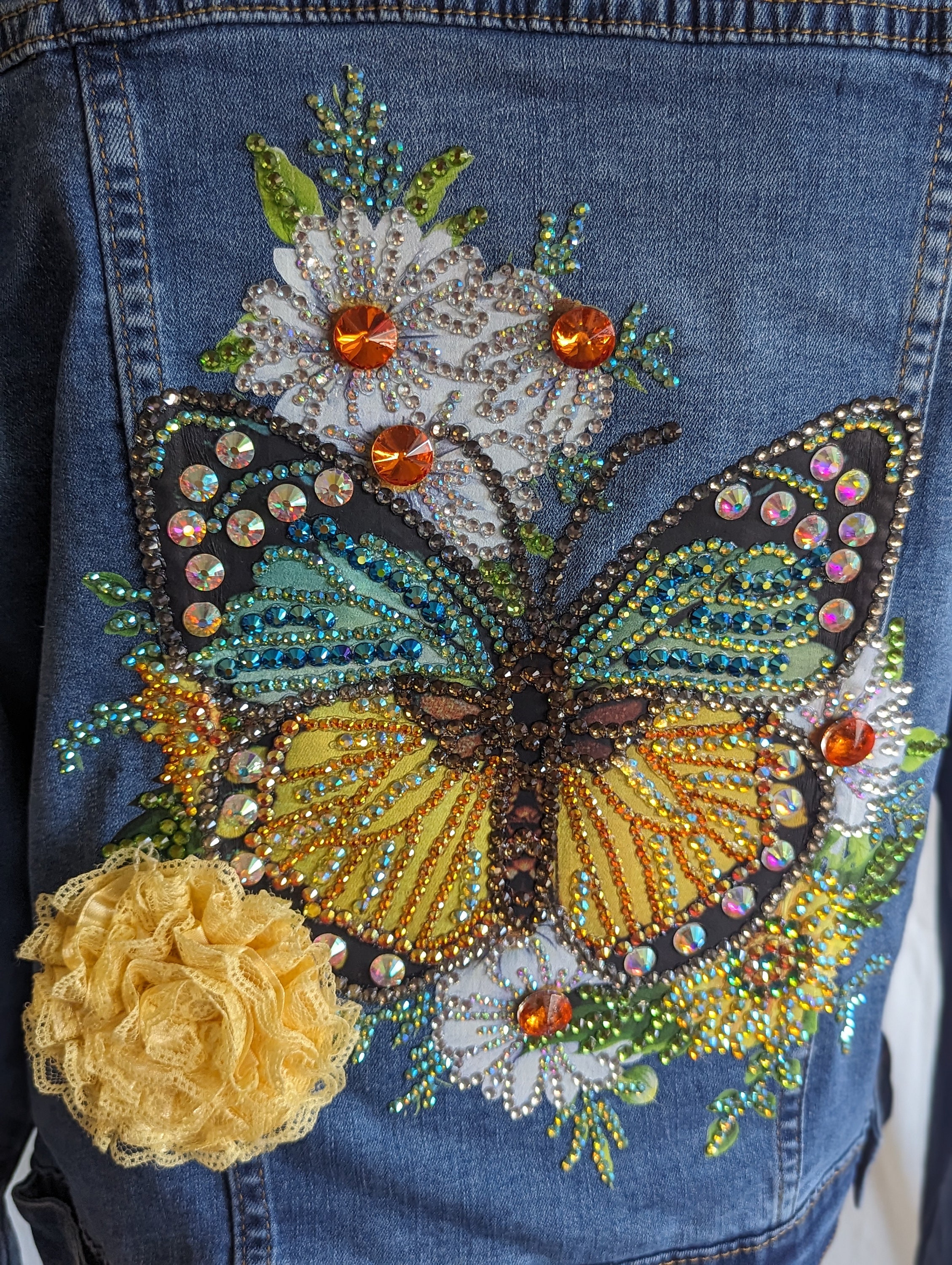 Yellow and Blue Butterfly With Daisies on a Light Blue Denim Jacket ...