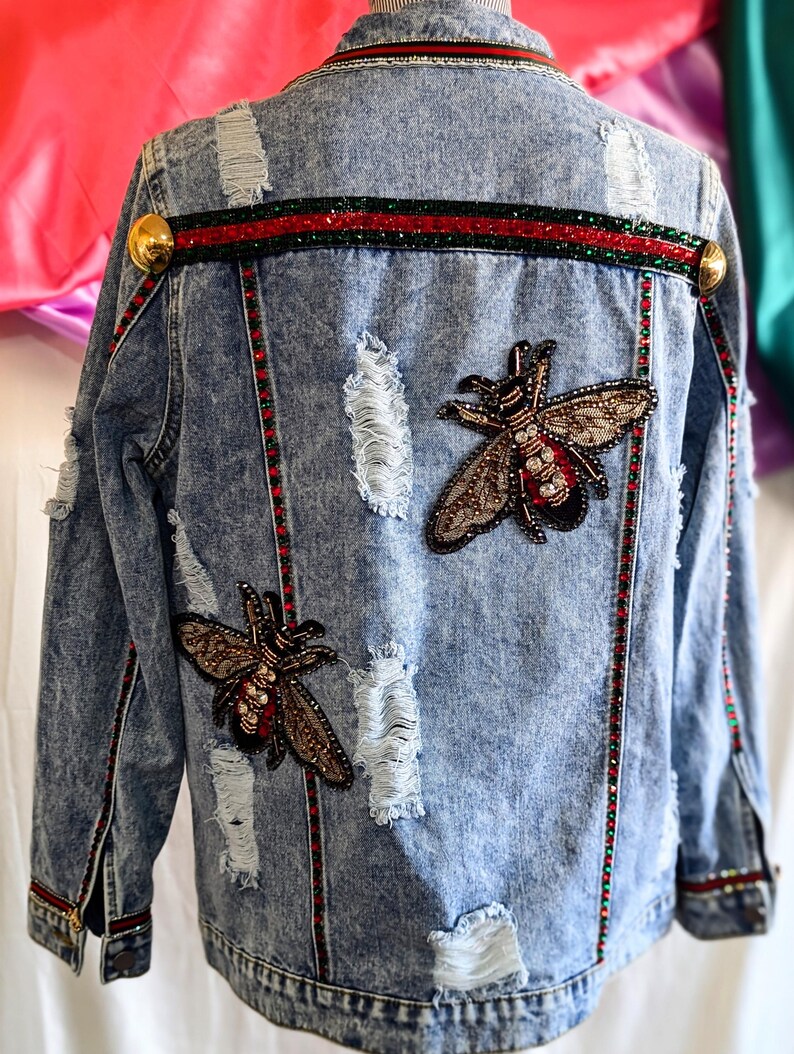 Bees on a Med Blue Denim Jacket Like Gucci. Embellished Denim Jacket ...