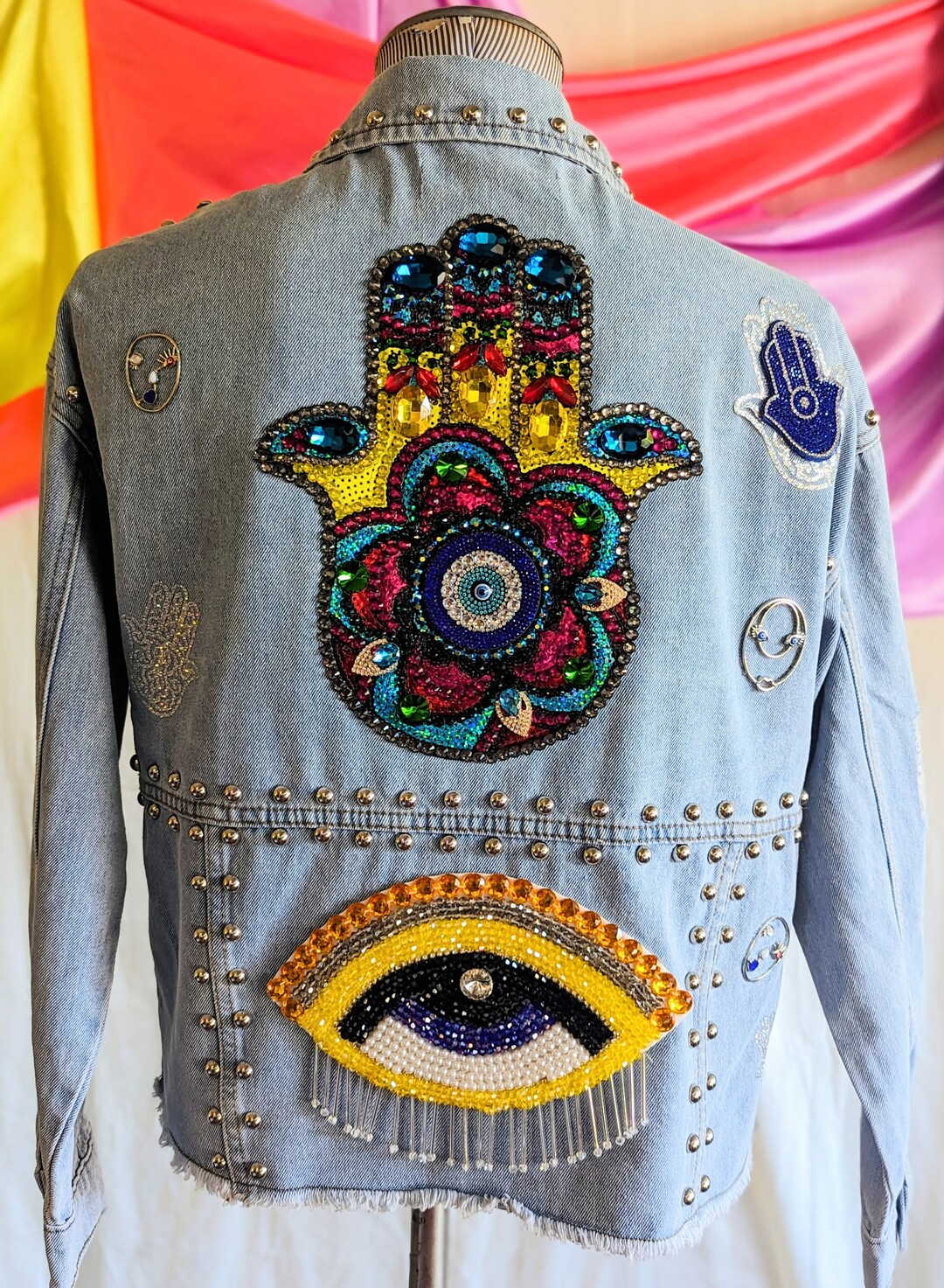 Hamsa and Evil Eye on a Light Blue Denim Jacket. Embellished Denim ...