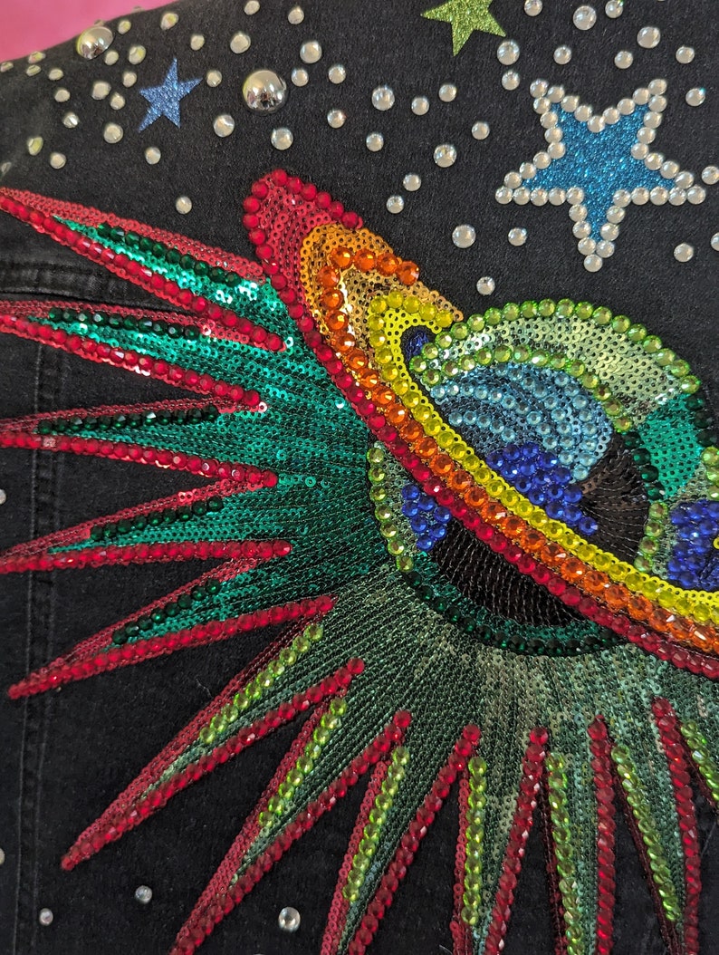 Colorful Planet With Stars on a Black Denim Jacket, Embellished Denim ...