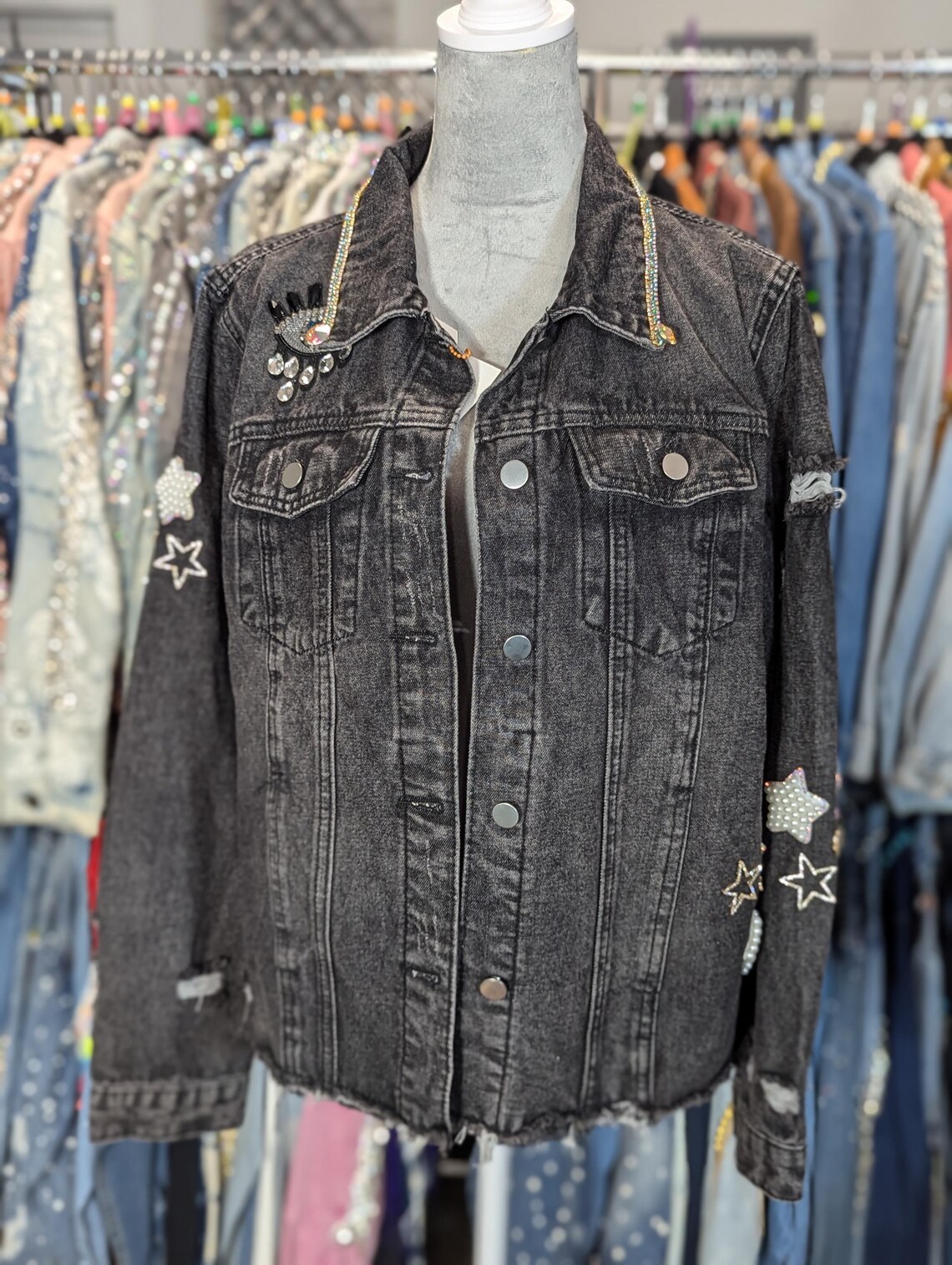 Star and Moon Third Eye With Pearls Stars on a Black Denim Jacket ...