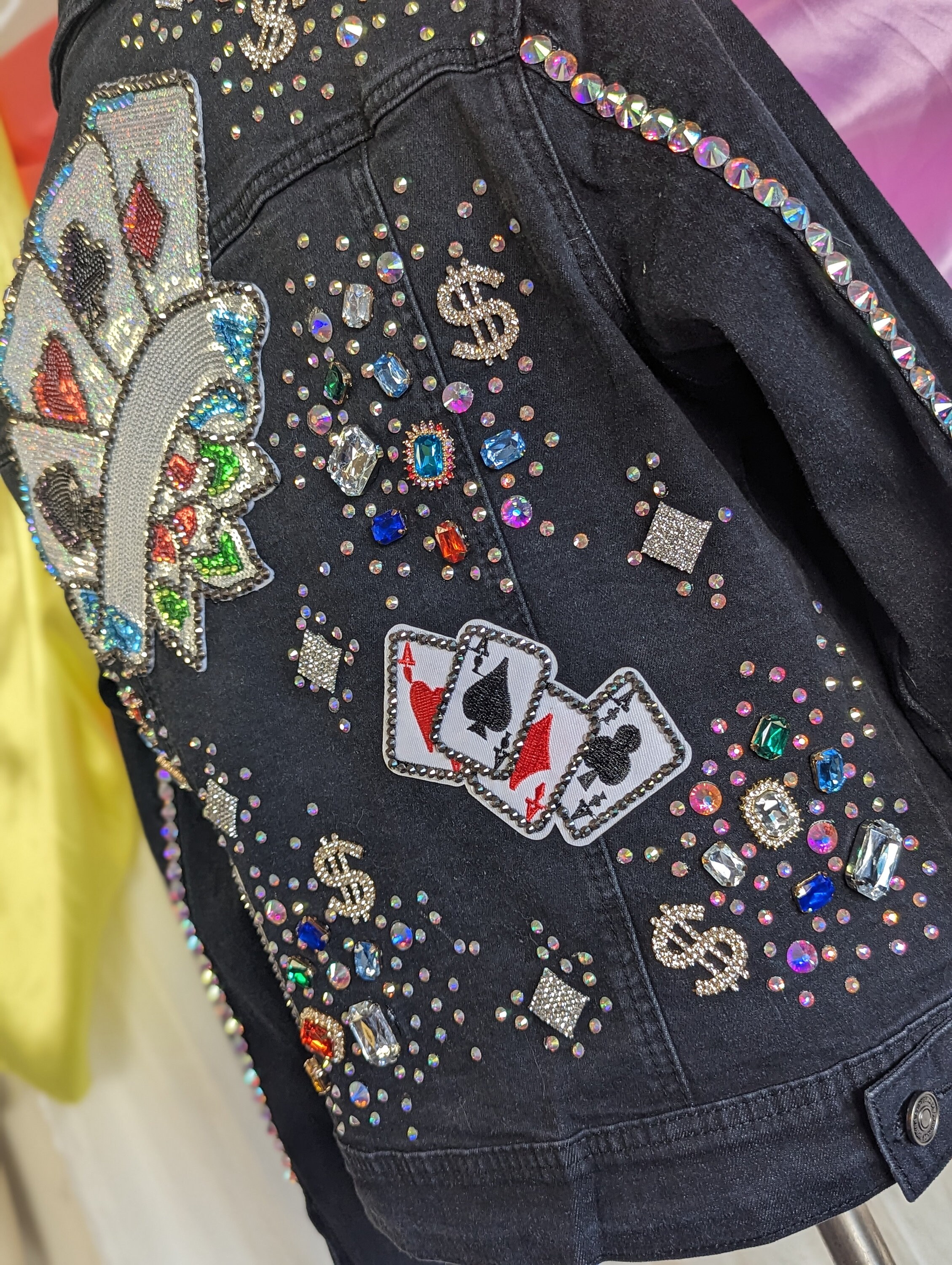 Playing Card With Colorful Rhinestones on a Black Denim Jacket ...