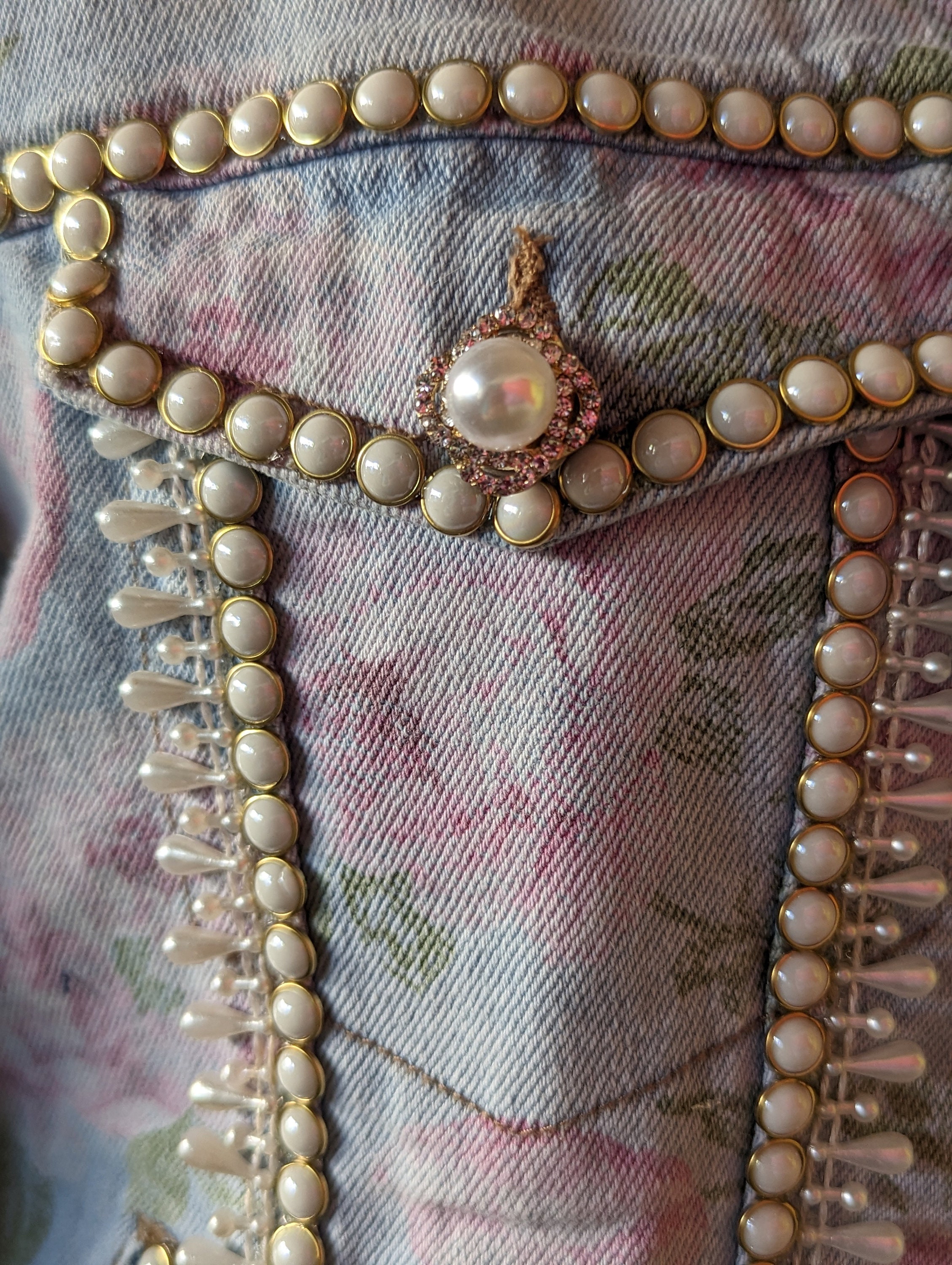 Crown on a Roses Print Denim Jacket. Embellished Denim Jacket ...