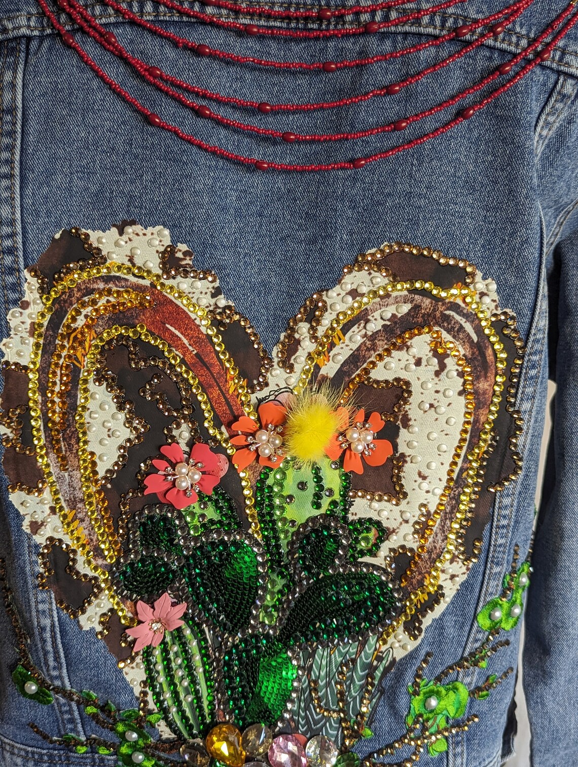 Cactus on a Heart in Med Blue Denim Jacket. Embellished Denim Jacket ...
