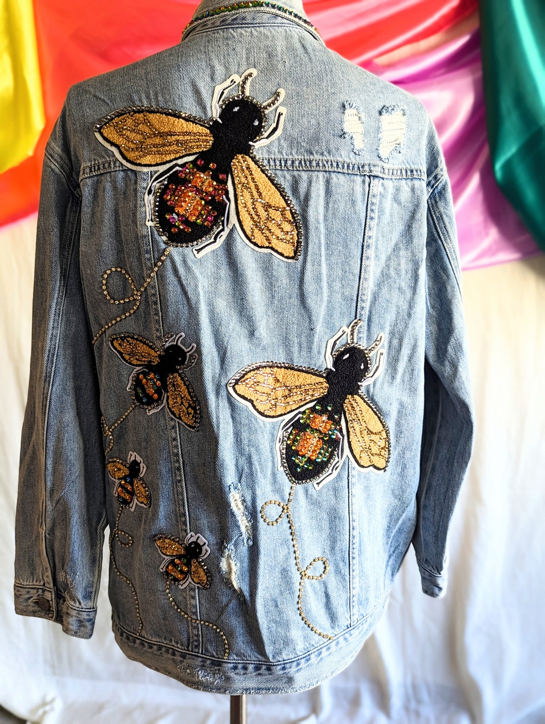 Bees on a Light Blue Denim Jacket. Embellished Denim Jacket, Rhinestone ...