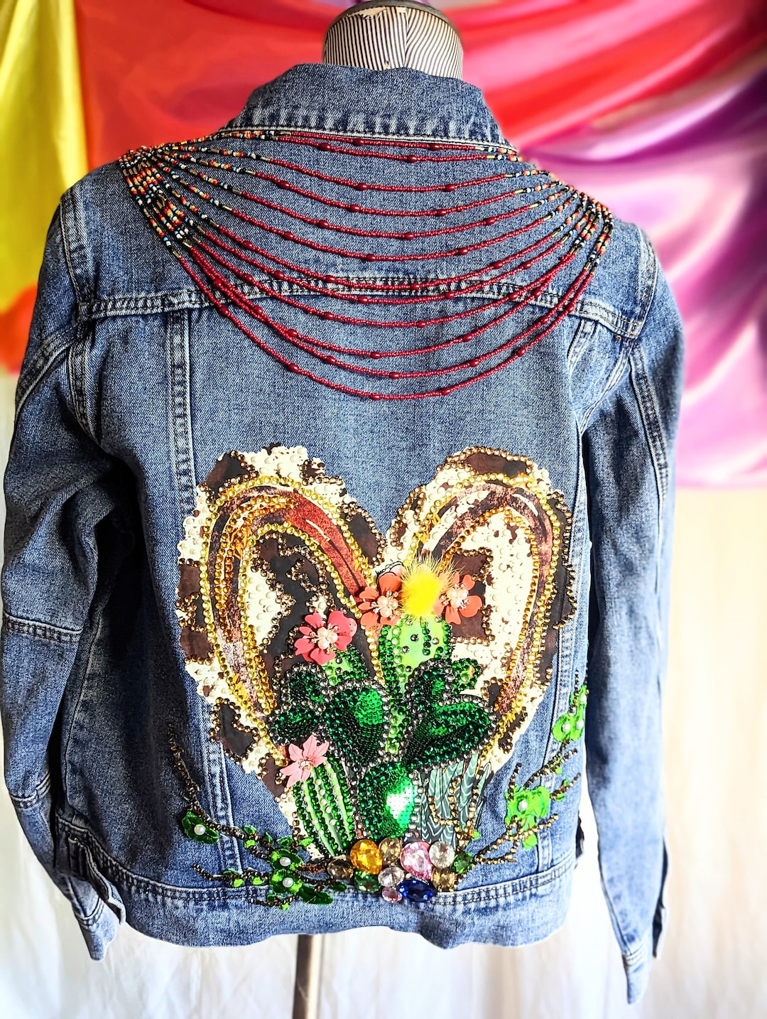 Cactus on a Heart in Med Blue Denim Jacket. Embellished Denim Jacket ...