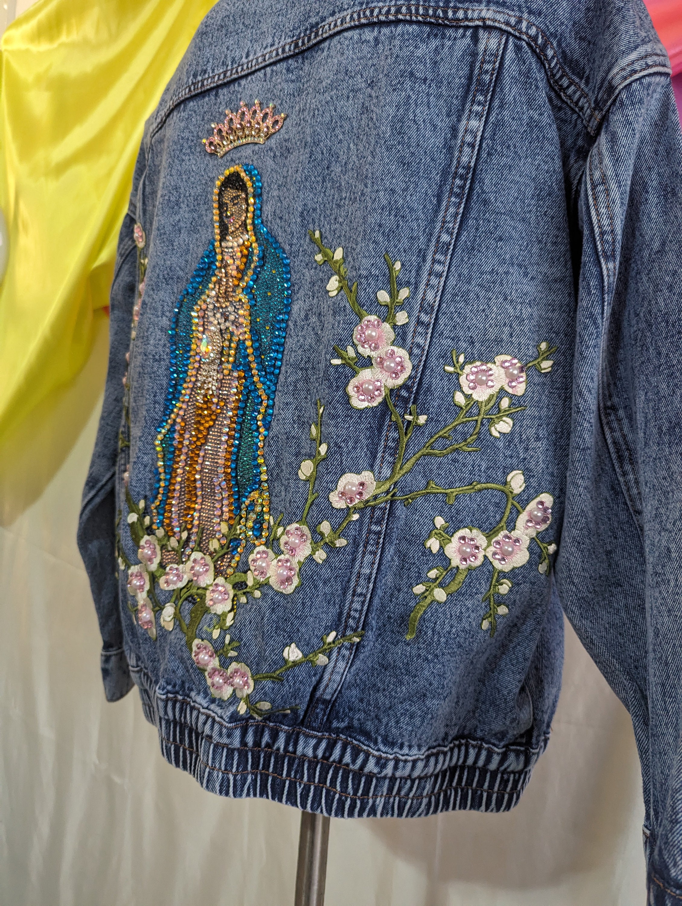 Virgin of Guadalupe With Little Pink Roses on a Med Blue Denim Jacket ...