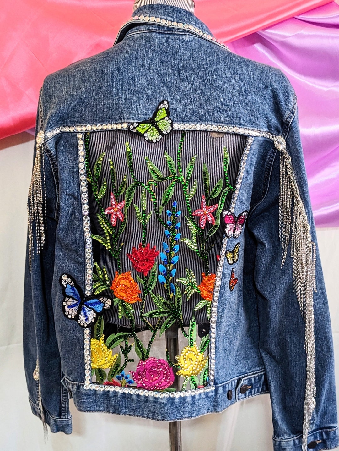 Colorfull Flowers on Lace With Butterflies on a Med Blue Denim Jacket ...