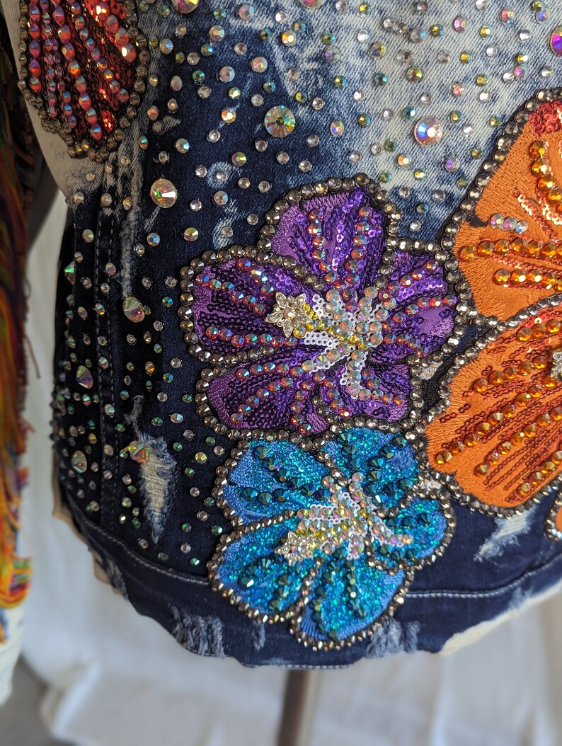 Hummingbird With Big Orange Flower on a Blue Bleached Denim Jacket ...