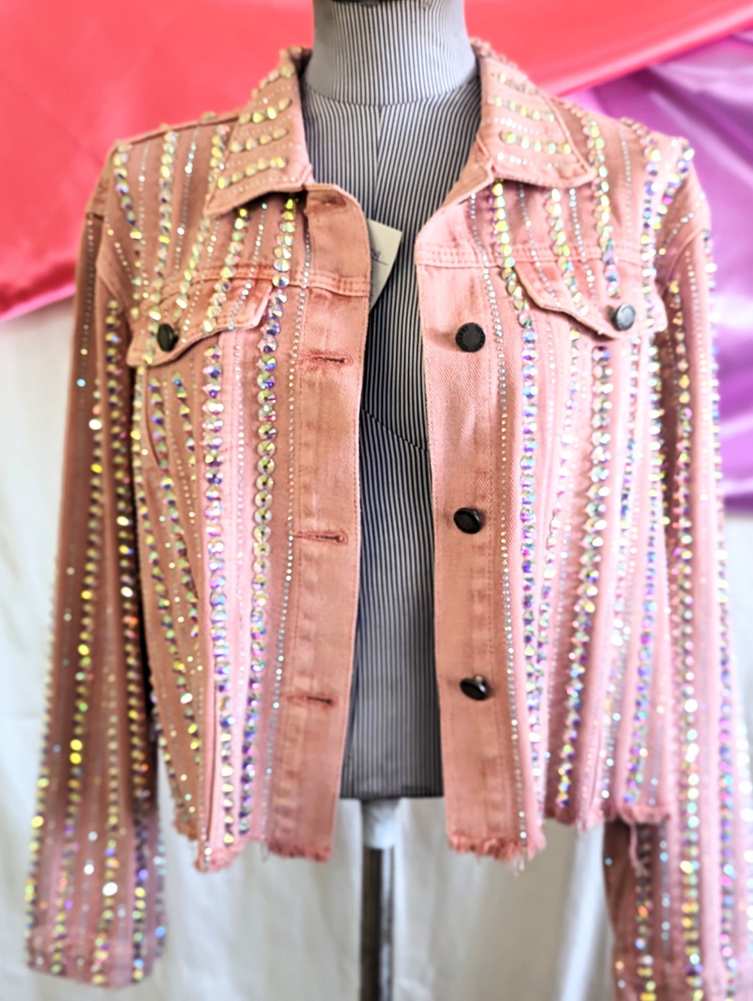 Pink Denim Jacket. ALL Over Large Rhinestones. Size L - Etsy